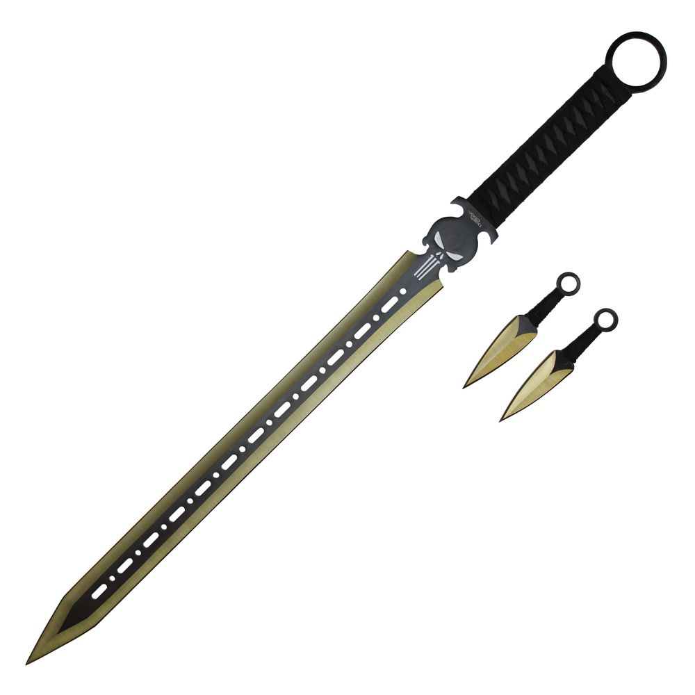 27″ Hero’s Edge Punisher Gold Ninja Sword with Throwing Knives - Giri ...