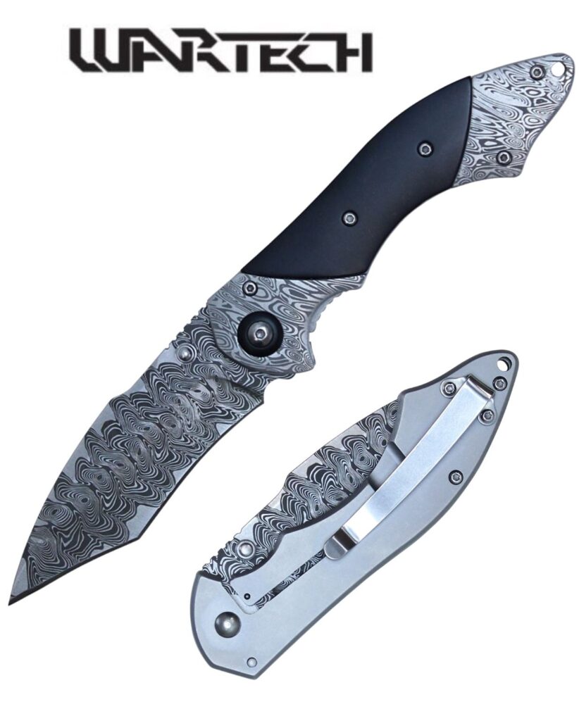 Wartech 8 3/8" Damascus Etched Recurve Tanto Folding Knife - Giri Martial Arts Supplies