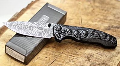 Wartech 8 1/4" Titanium Wave Damascus Skull Folding Knife - Giri Martial Arts Supplies