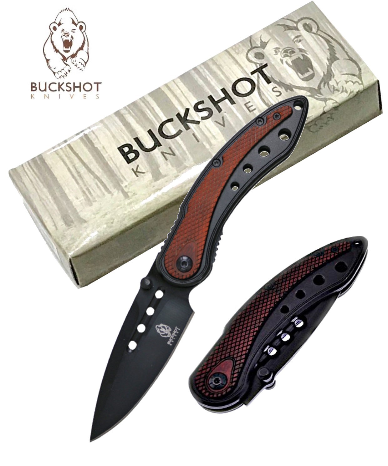 Buckshot 8″ Classic Black Stainless Steel Brown Inlay Folding Knife ...