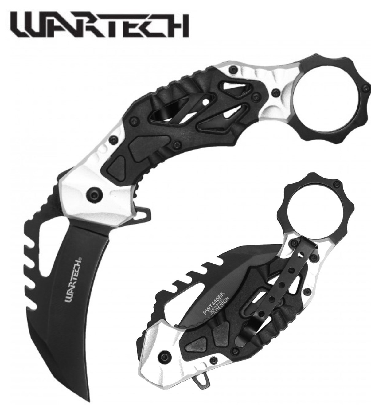 Wartech 7″ Black & Silver Two Tone Tactical Karambit Folding Knife - Giri Martial Arts Supplies