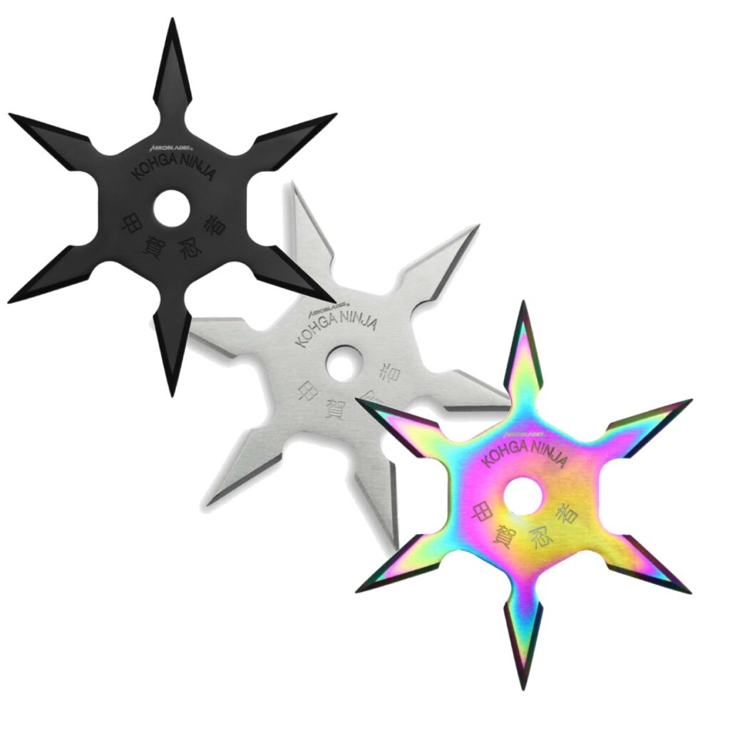 6 Point 3 Set Black, Silver & Rainbow Live Blade Throwing Stars 4 ...